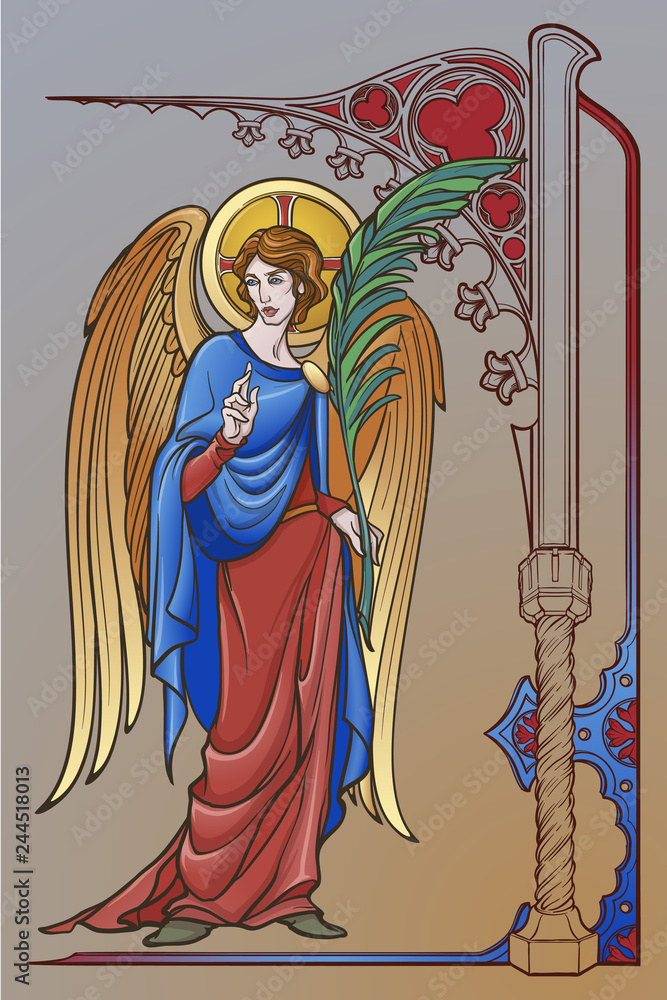 Angel figure with blessing gesture and palm branch. Gothic decorative ...