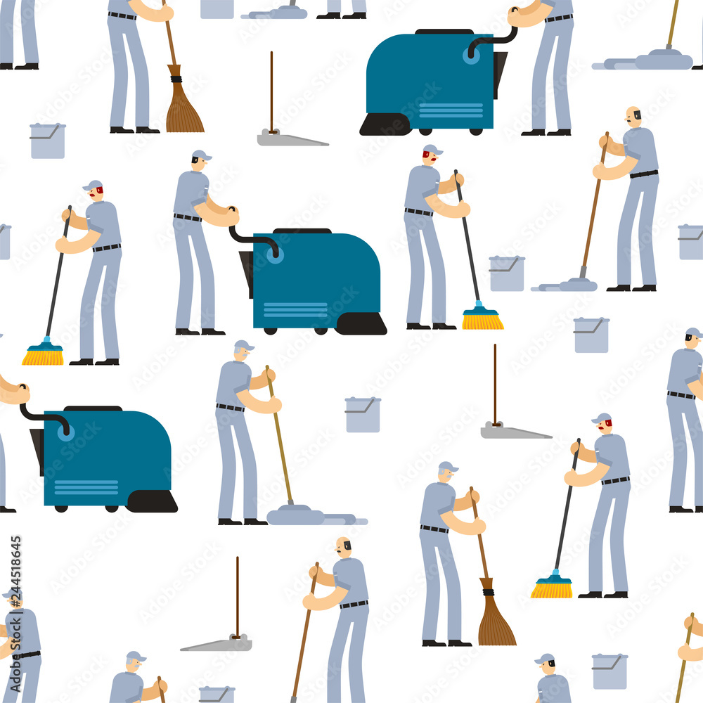 Cleaning pattern seamless. Janitor and Cleaner background. broom and ...