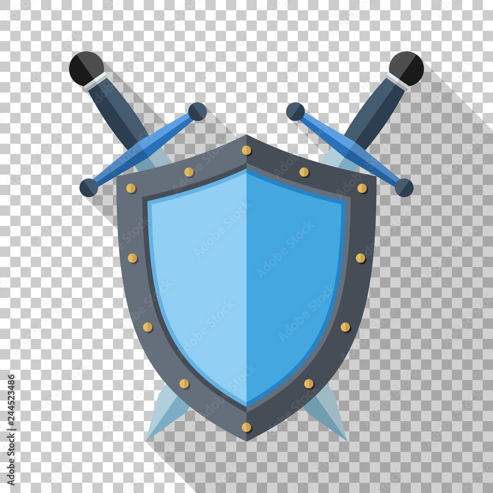 Shield and two crossed swords icon in flat style with long shadow on ...