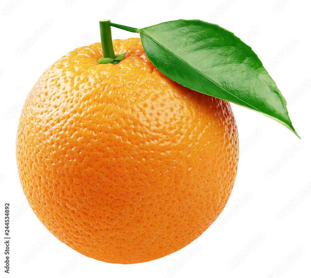Ripe whole orange citrus fruit with green leaf isolated on white ...