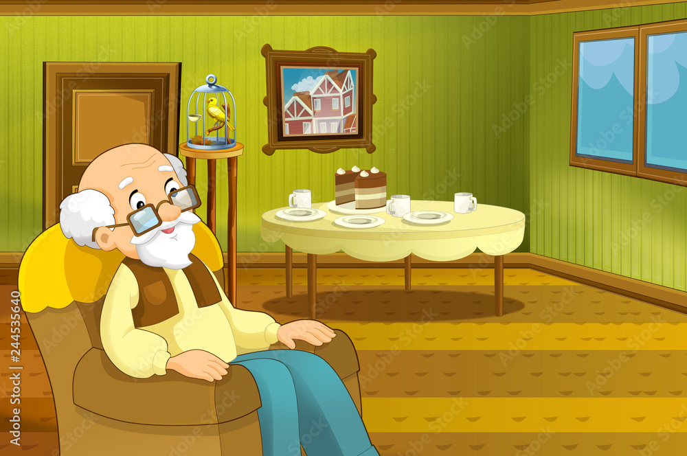 Cartoon scene of house interior living room with older man - grand ...