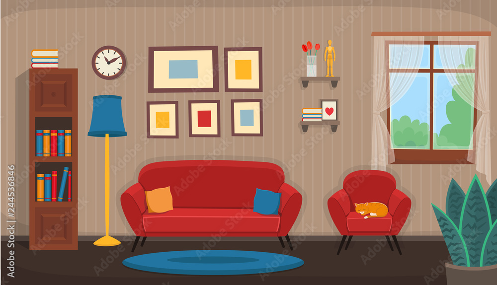Living room with chair, sofa, window, bookshelf. Flat сozy interior in ...