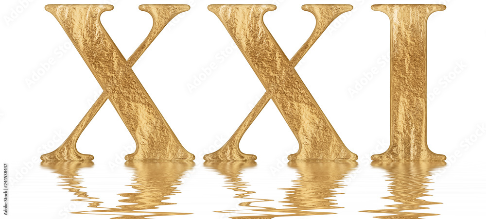 Roman numeral XXI, unus et viginti, 21, twenty one, reflected on the ...