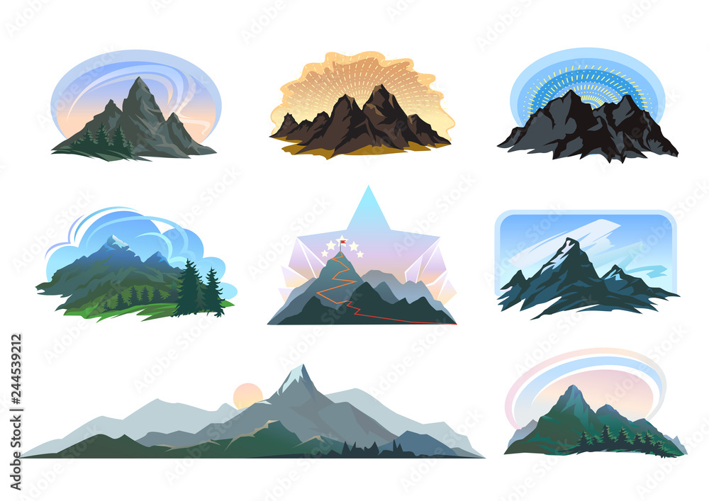 Different shapes of mountains with landscapes of vibrant color schemes ...