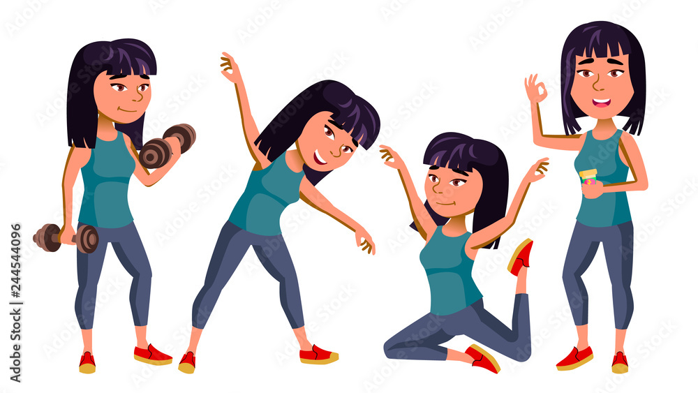 Asian Girl Set Vector. School Child. Fitness, Sport, Figure, Health ...