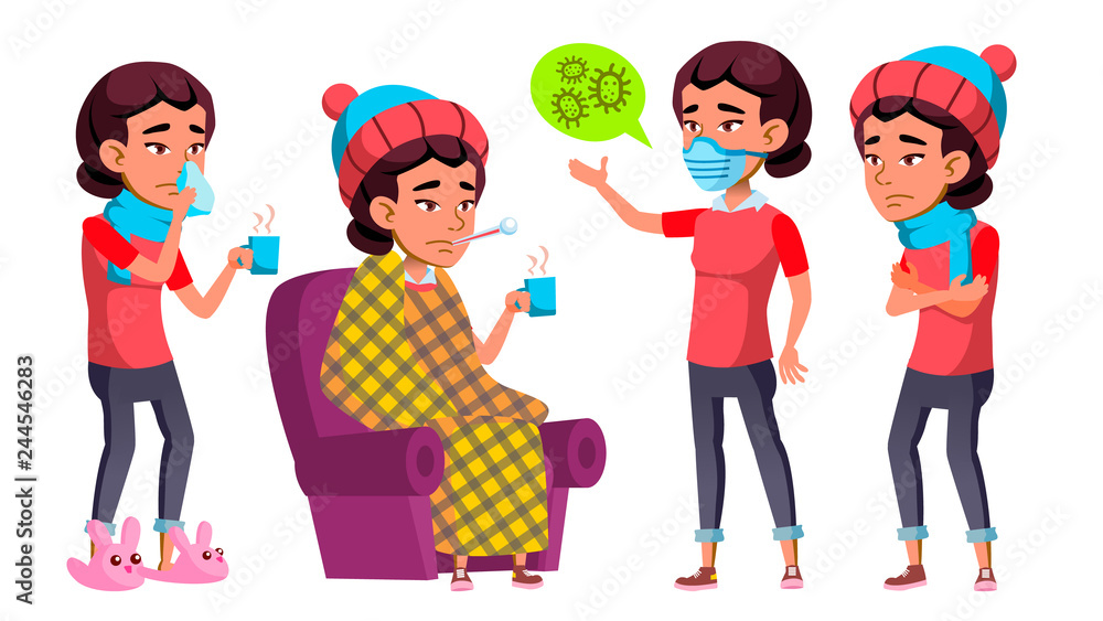 Asian Girl Set Vector. High School Child. Sick, Cough. Runy Nose ...