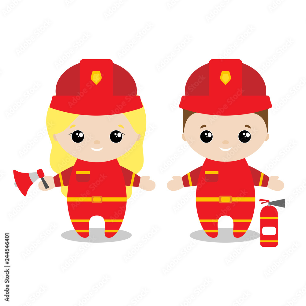 Boy and girl fireman cartoon style. Set of cute cartoon children in ...