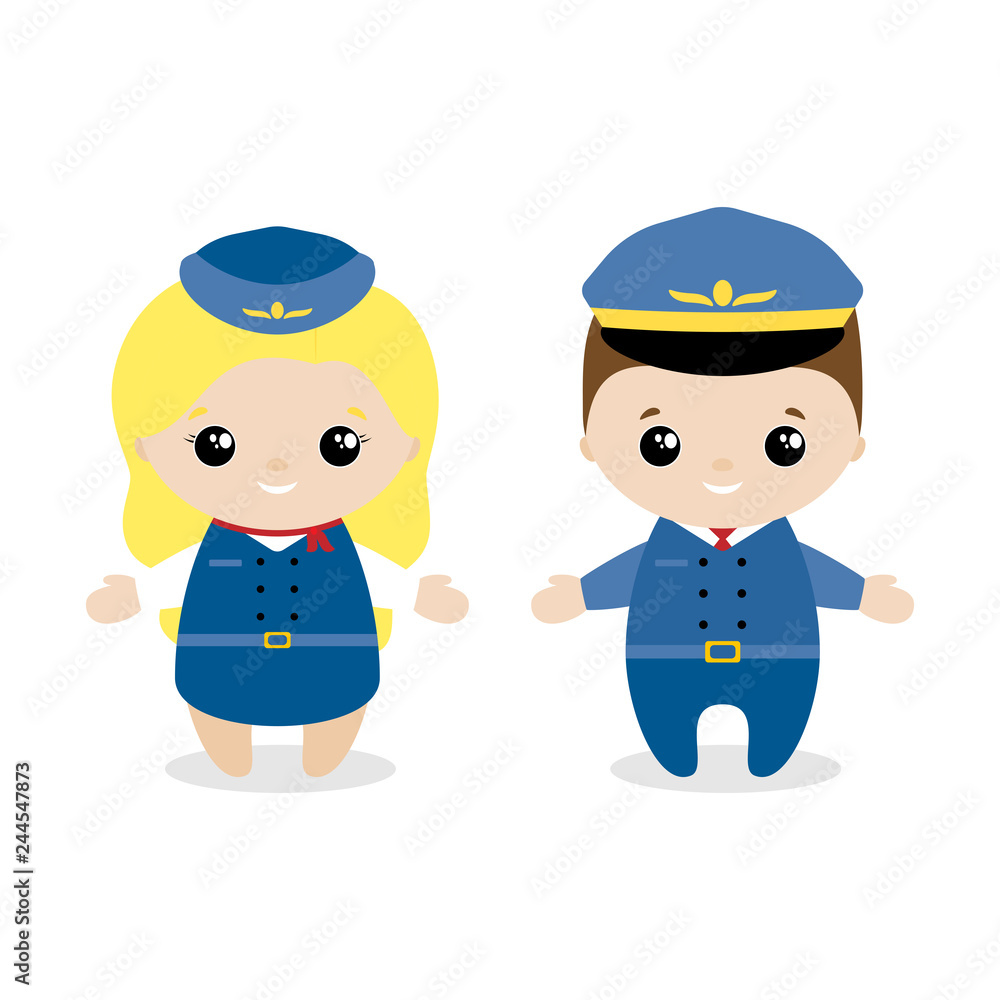 Boy and girl pilot and flight attendant cartoon style. Set of cute ...