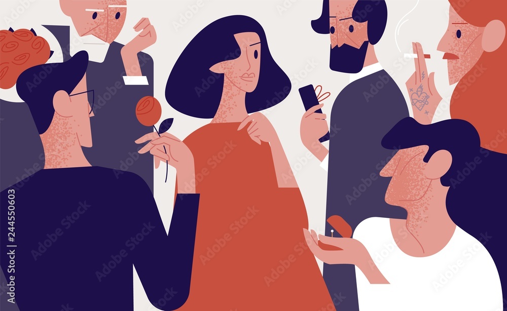 Beautiful attractive woman surrounded by old and young admirers or ...