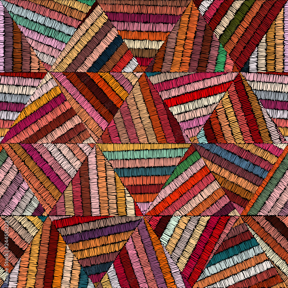 Embroidery - seamless ornament. Colored lines on a black background ...