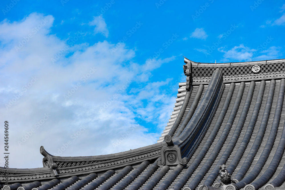 old Japanese roof with blue sky and clouds, best to use for asain ...