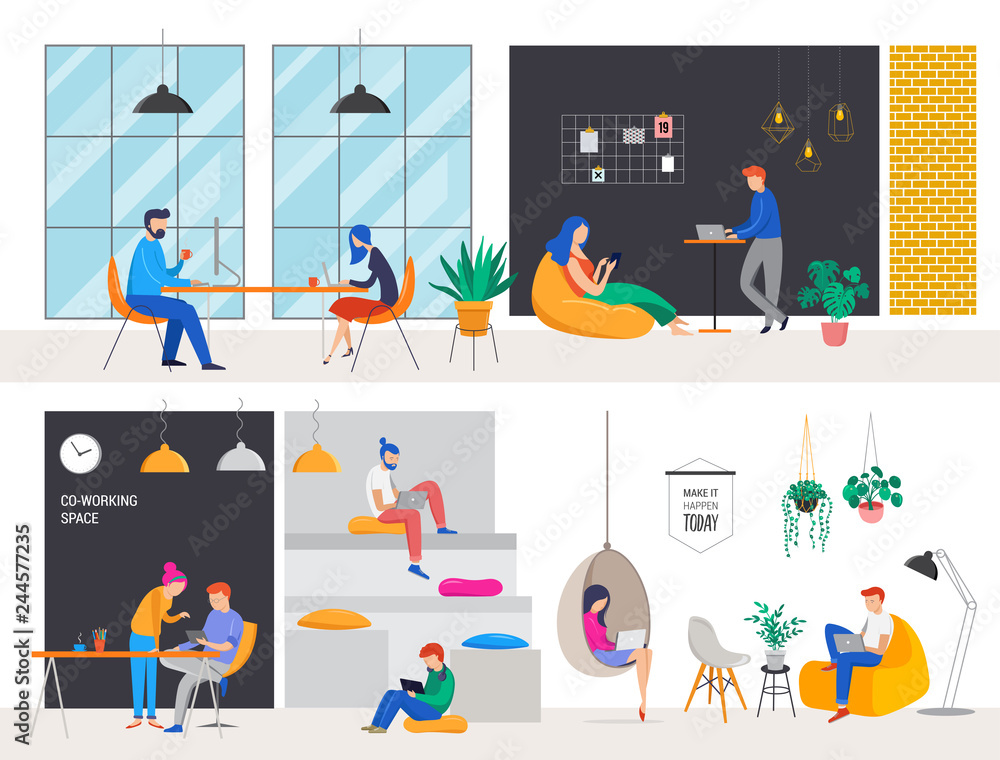 Co-working space, concept illustration. Young people working on laptops ...