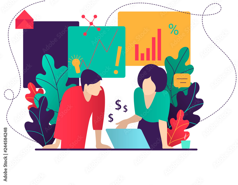 Office space with working people. Vector interior with business team ...