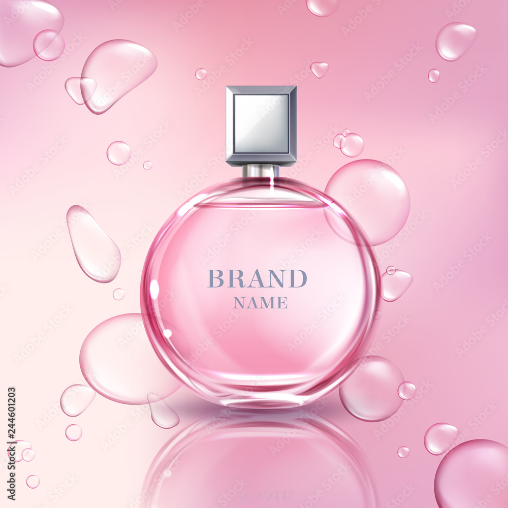 Vector 3d realistic poster, banner with perfume bottle, oil drops ...