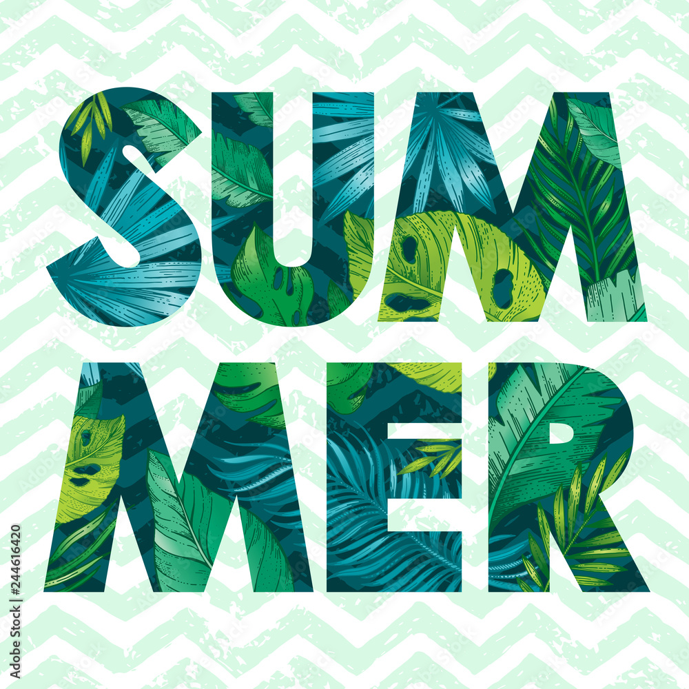 Hello Summer card poster with text, tropic leaf seamless pattern. Hand ...