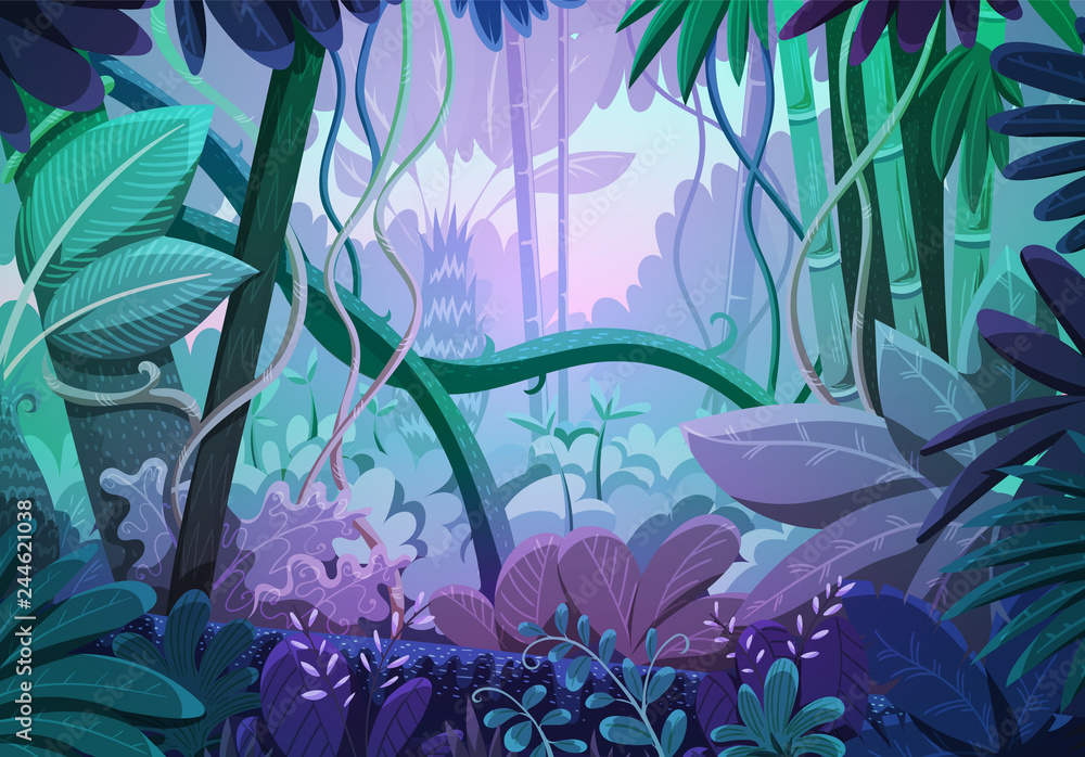 Vector illustration of tropical jungle background. Landscape with ...
