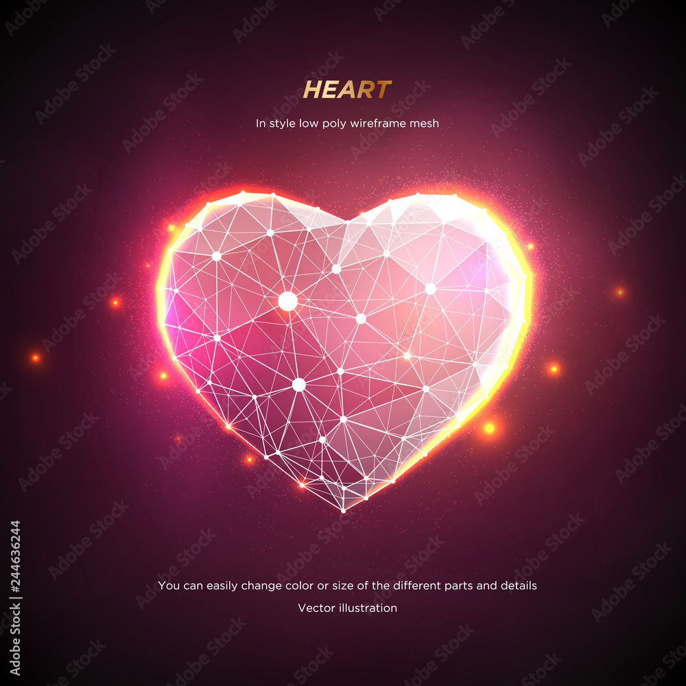 Heart in style Low poly wireframe mesh. Abstract on pink background ...