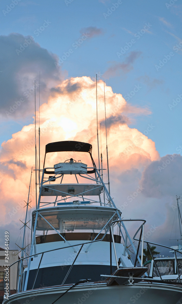 Looking up tall white tuna tower with long out riggers and antennas, on ...