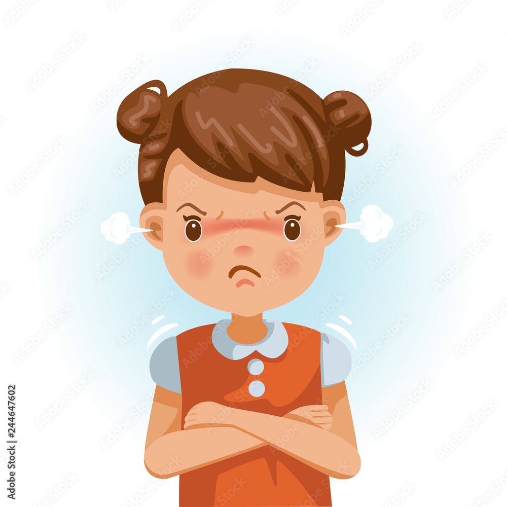 Angry little girl. child in a red shirt is expressing anger. Excitement ...