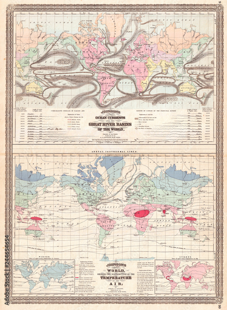 Photo & Art Print 1870, Johnson Map of the World showing Temperature ...