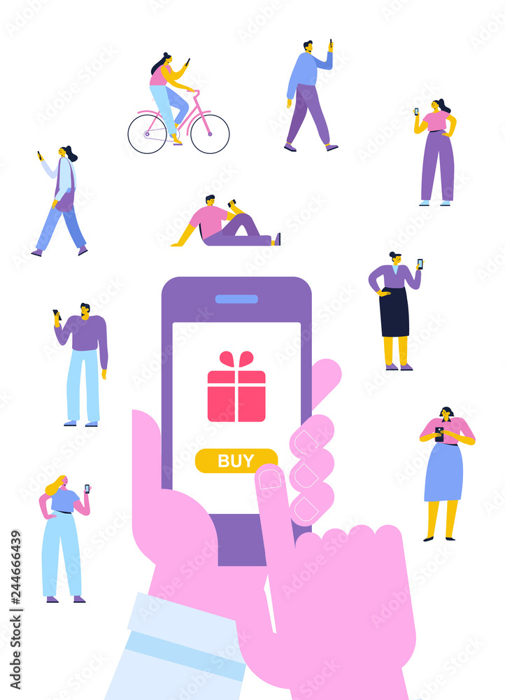Online Shopping vector set. Different People do mobile shopping. Human ...