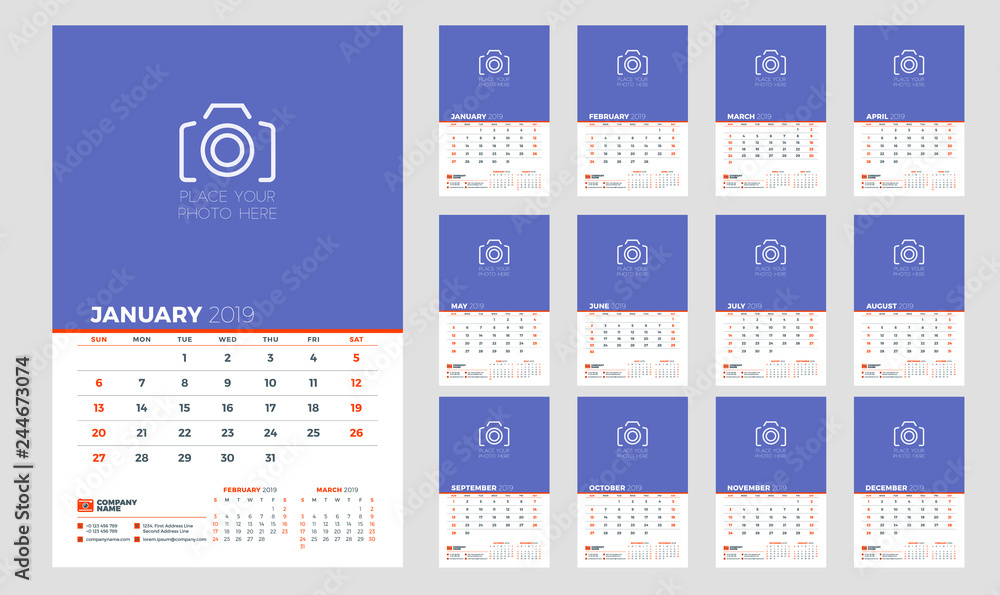 Wall calendar planner template for 2019 year. Week starts on Sunday ...