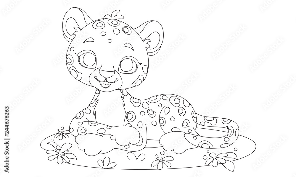 Baby leopard cute cartoon outline drawing Stock Vector | Adobe Stock