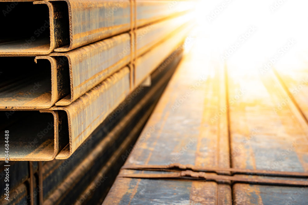 Channel steel or C-shape steel at construction site. Material for ...