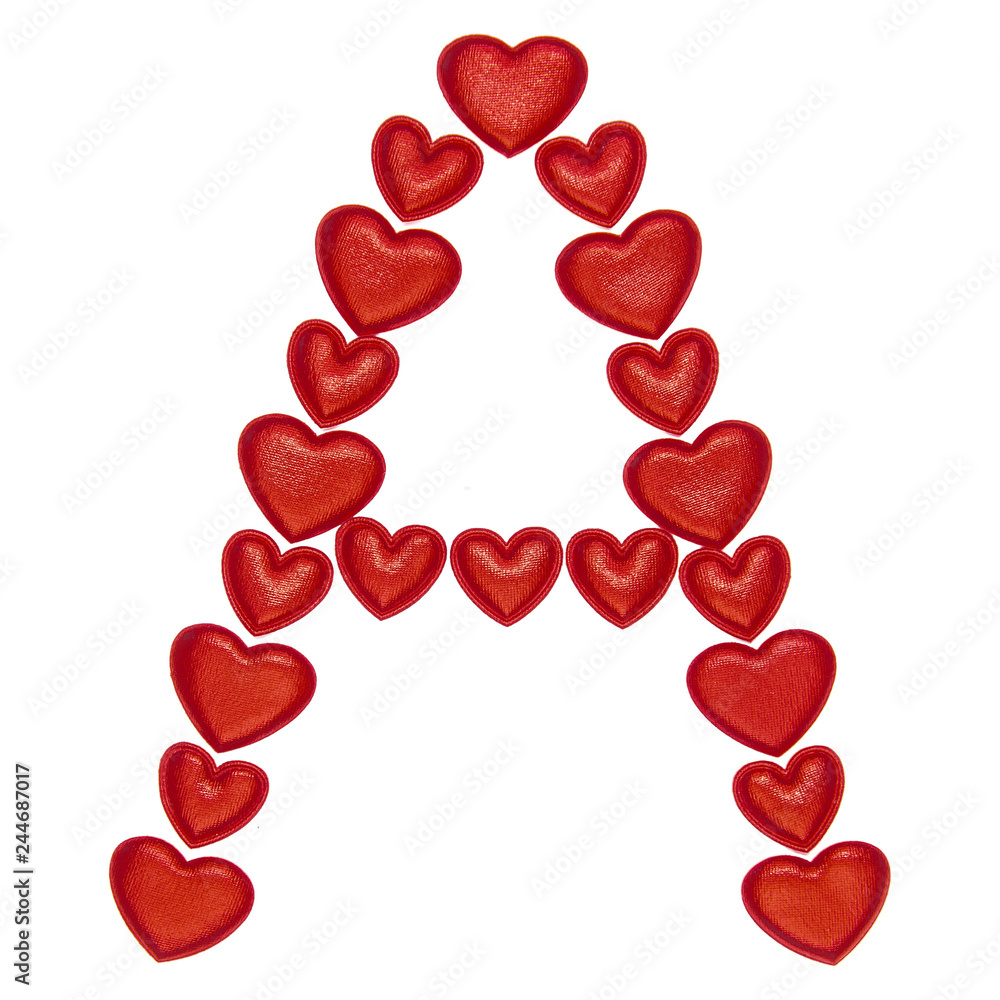 Letter A made from decorative red hearts. Isolated on white background ...