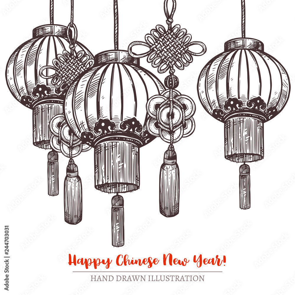 Happy Chinese lunar new year hand drawn illustration. Background with ...