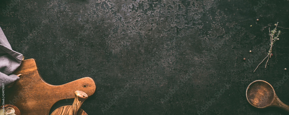 Food background. Top view of dark rustic kitchen table with wooden ...