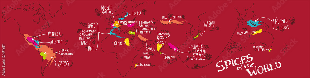 Vector world map with origin of spices and herbs Stock Vector | Adobe Stock