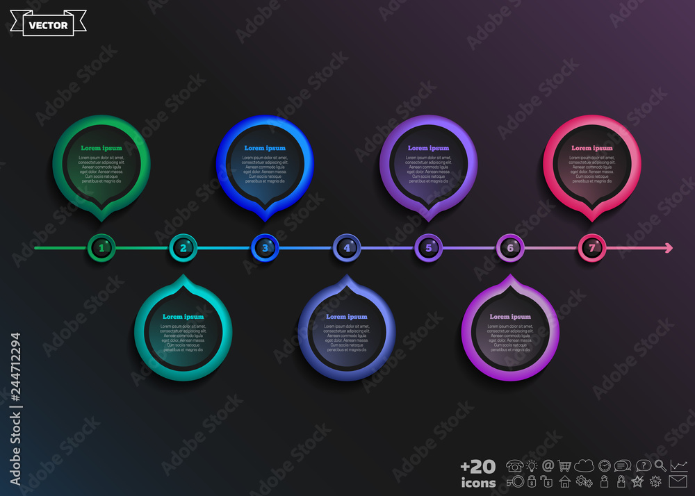 Timeline infographics design with colorful circle on the black ...