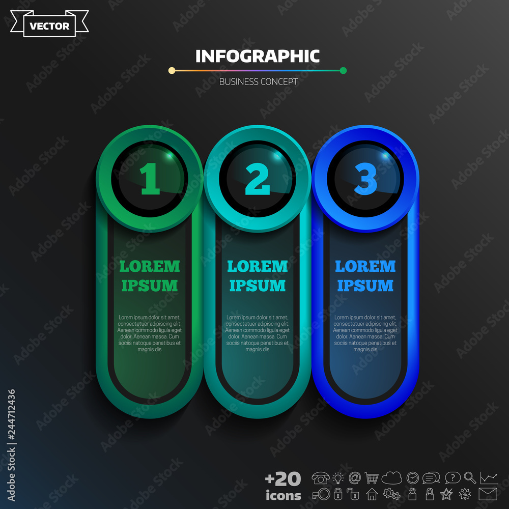 Vector infographic design with colorful circles on the black background ...
