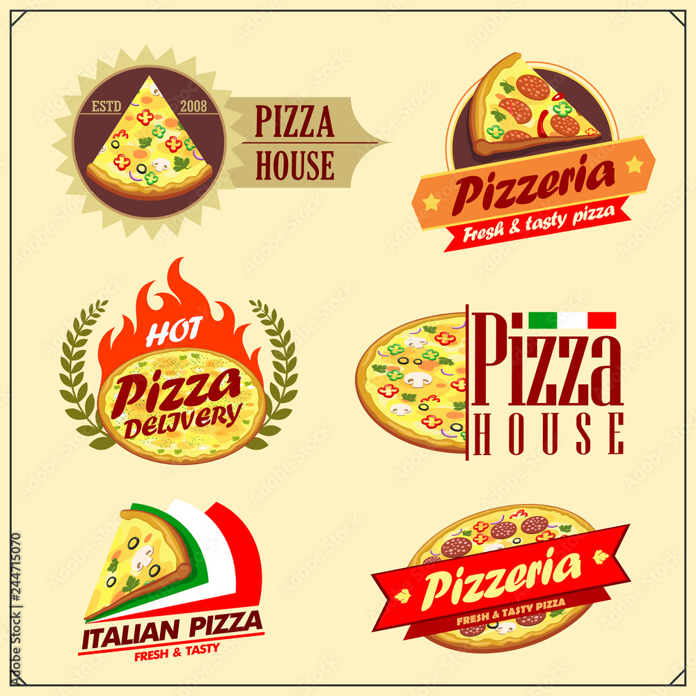 Set of pizza labels, badges, icons and design elements. Emblems for ...