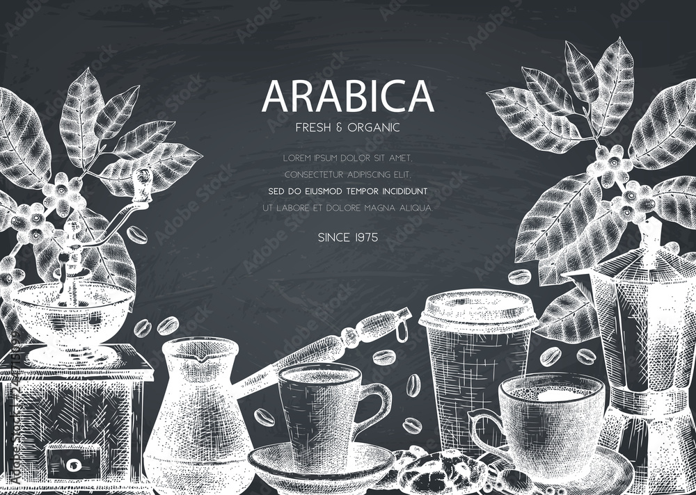Vector design with ink hand drawn coffee illustrations. Arabica plant ...