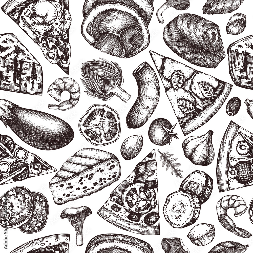 Seamless pattern with hand drawn Pizza ingredients sketches. Vector ...