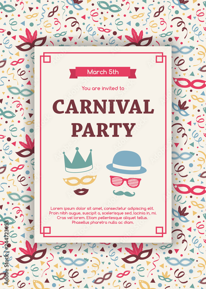 Carnaval Party - funny invitation with colorful background. Vector ...