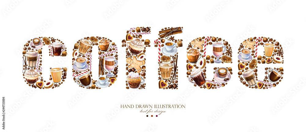 Inscription Coffee on a white background. Created letters from coffee ...