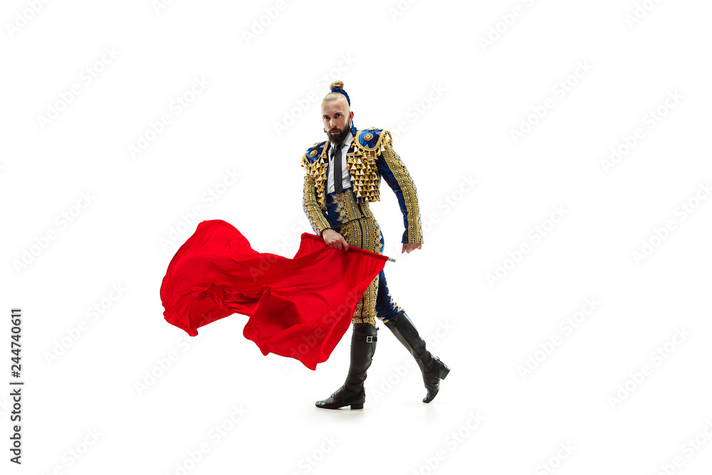 Torero in blue and gold suit or typical spanish bullfighter isolated ...