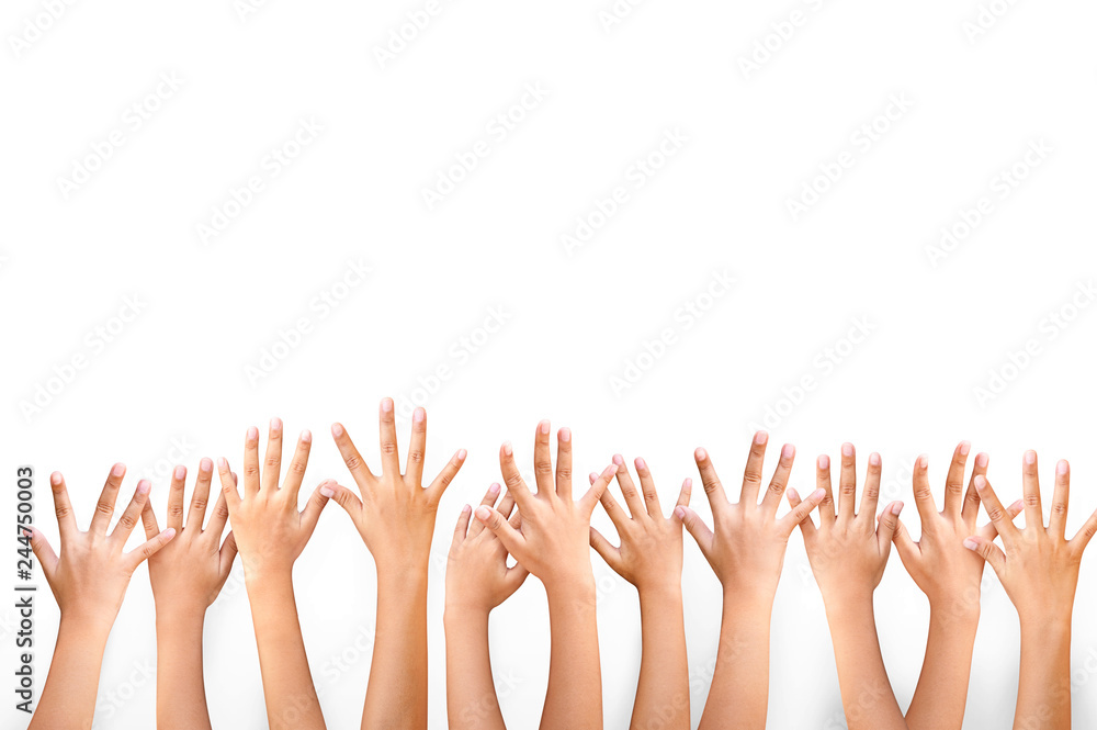 kids Raising hands up together on white background Stock Photo | Adobe ...