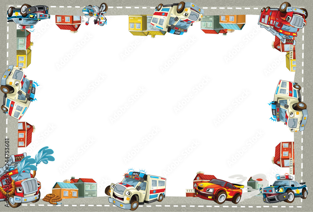 cartoon scene with ambulance police and fire brigade in the city ...