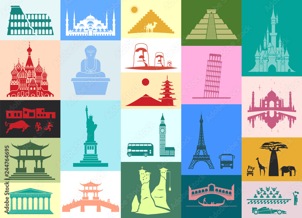 Famous tourist places. Vector set of famous monuments and travel icons ...