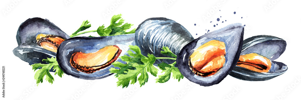 Mussels with herbs, seafood horizontal composition, Watercolor hand ...