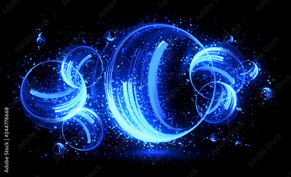 Glow neon balls. Blue space tunnel. Glint sphere. Vivid rings. Circle ...