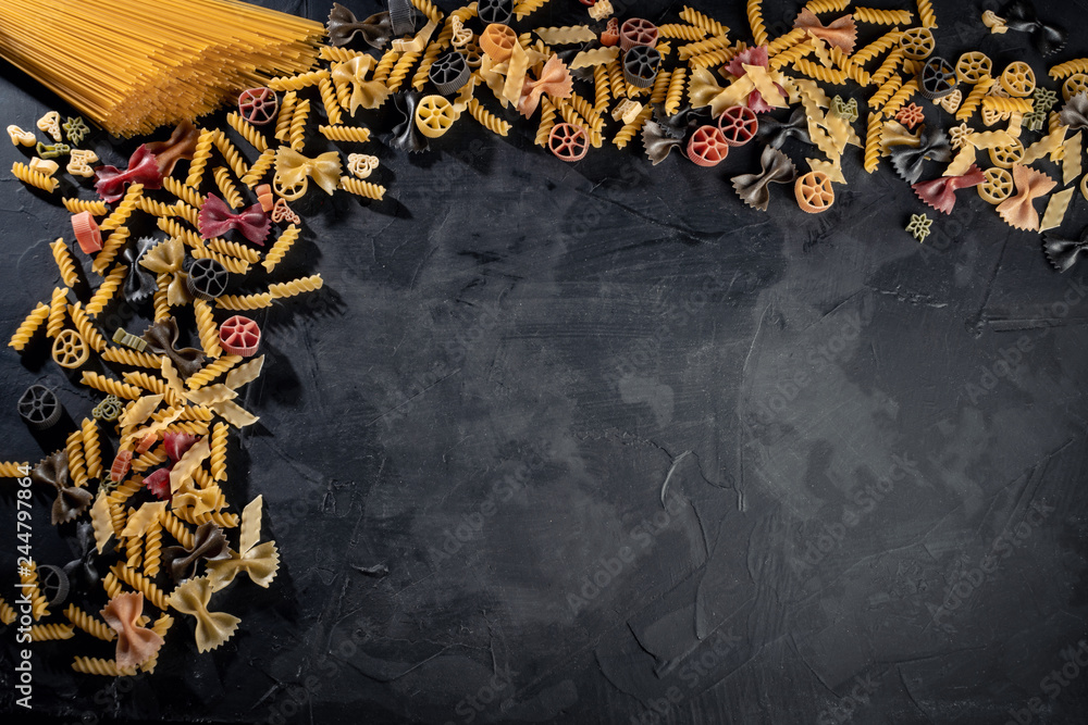 Variety of types and shapes of Italian pasta. Dry pasta background ...