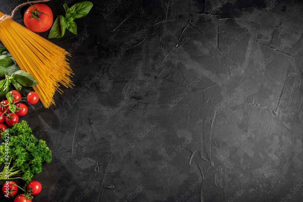 Pasta ingredients. Cherry-tomatoes, spaghetti pasta, basil, parmesan ...