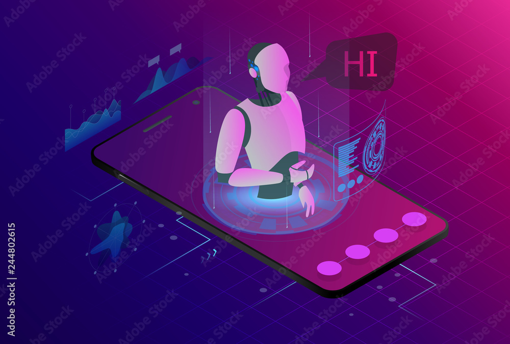 Isometric artificial intelligence. Chat bot and future marketing. AI ...
