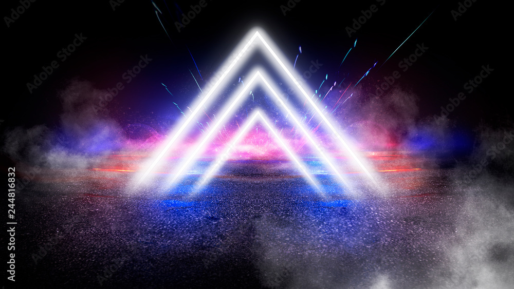 Light pyramid triangle. Neon triangle in the center, light, rays, smoke ...