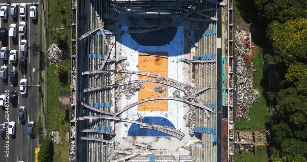 Drone Top View of Abandoned and Destroyed Gymnasium. Destroyed Stadium ...